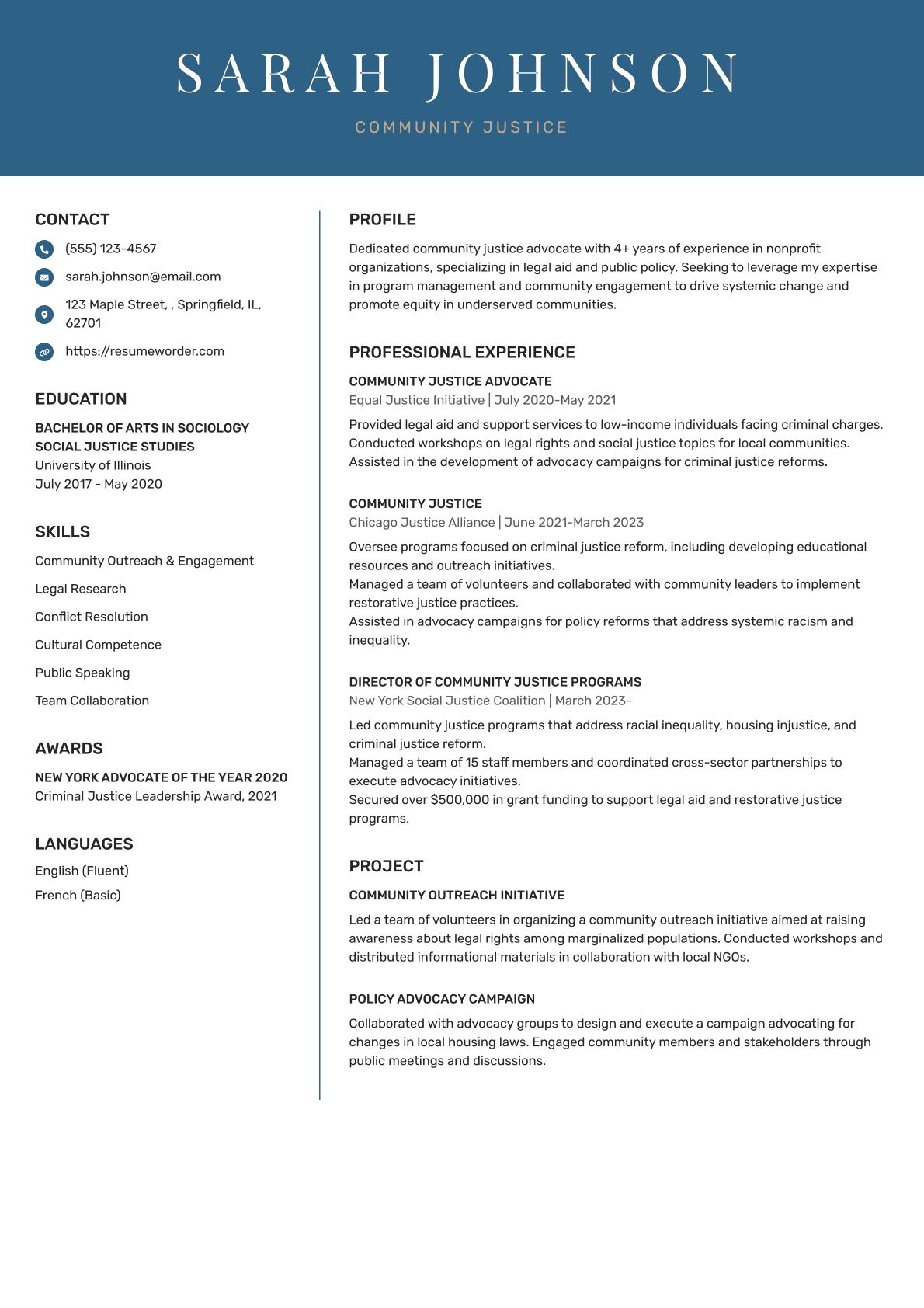 Community Justice Resume - Examples & Sample Templates - ResumeWorder