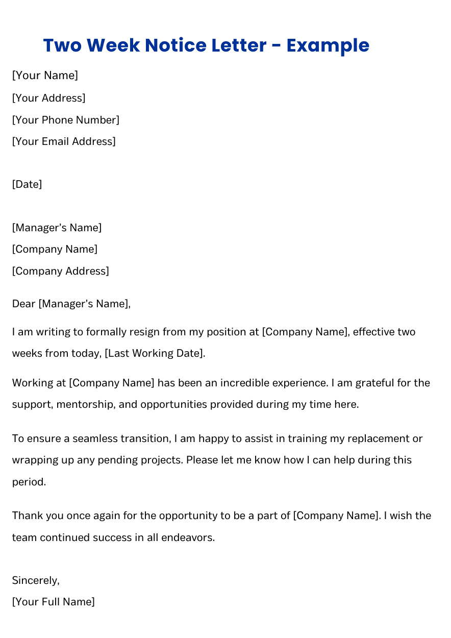 2 Week Notice Letter Format - 15 Best Examples, Sample Templates ...